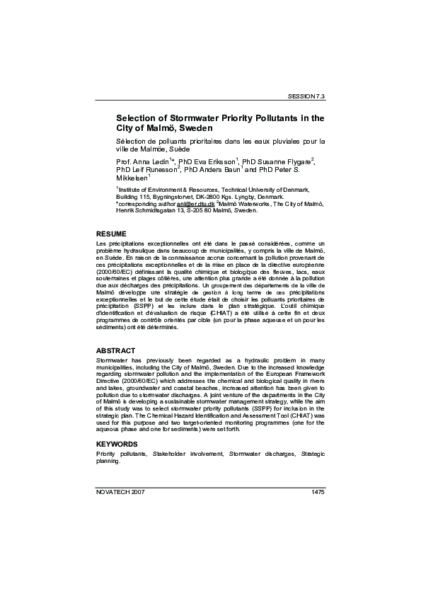 (PDF) Selection of stormwater priority pollutants in the City of Malmö ...