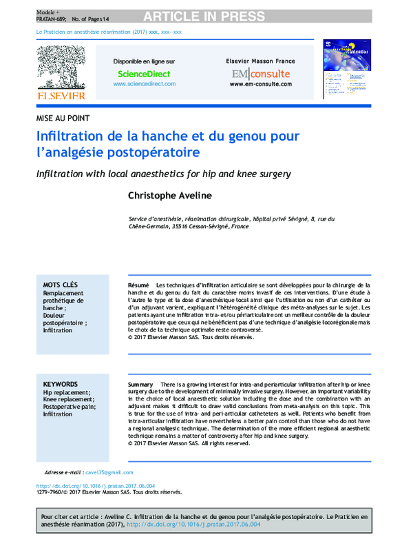 (PDF) Infiltration de la hanche et du genou pour l’analgésie postopératoire