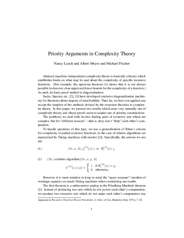 (PDF) Priority Arguments in Complexity Theory