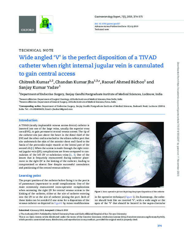 (PDF) Wide angled ‘V’ is the perfect disposition of a TIVAD catheter ...