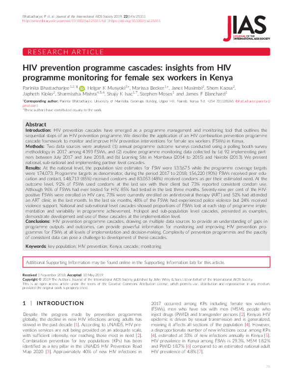 (PDF) HIV prevention programme cascades: insights from HIV programme monitoring for female sex ...