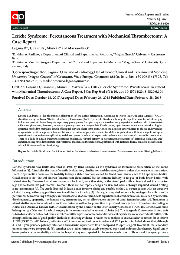(PDF) Leriche Syndrome: Percutaneous Treatment with Mechanical ...