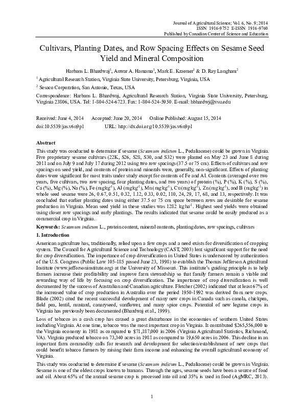 (PDF) Cultivars, Planting Dates, and Row Spacing Effects on Sesame Seed ...