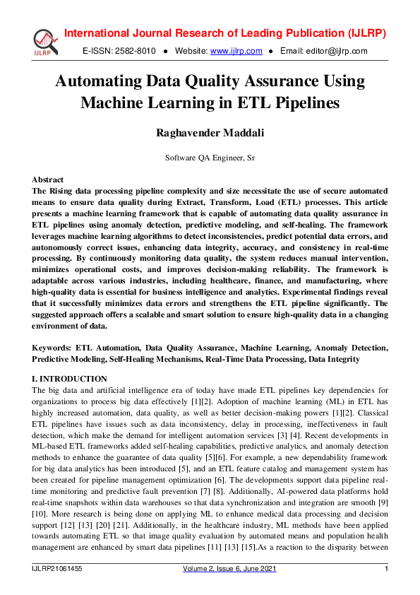 (PDF) Automating Data Quality Assurance Using Machine Learning in ETL Pipelines