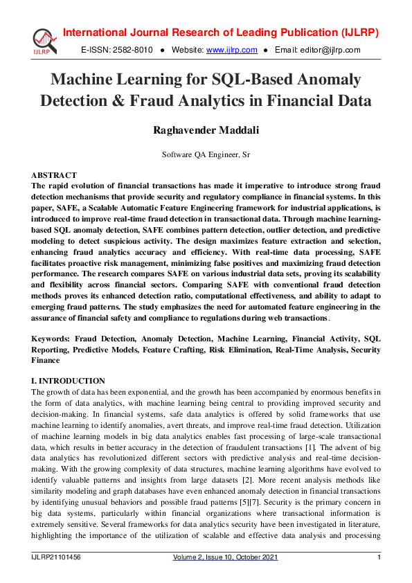 (PDF) Machine Learning for SQL-Based Anomaly Detection & Fraud Analytics in Financial Data