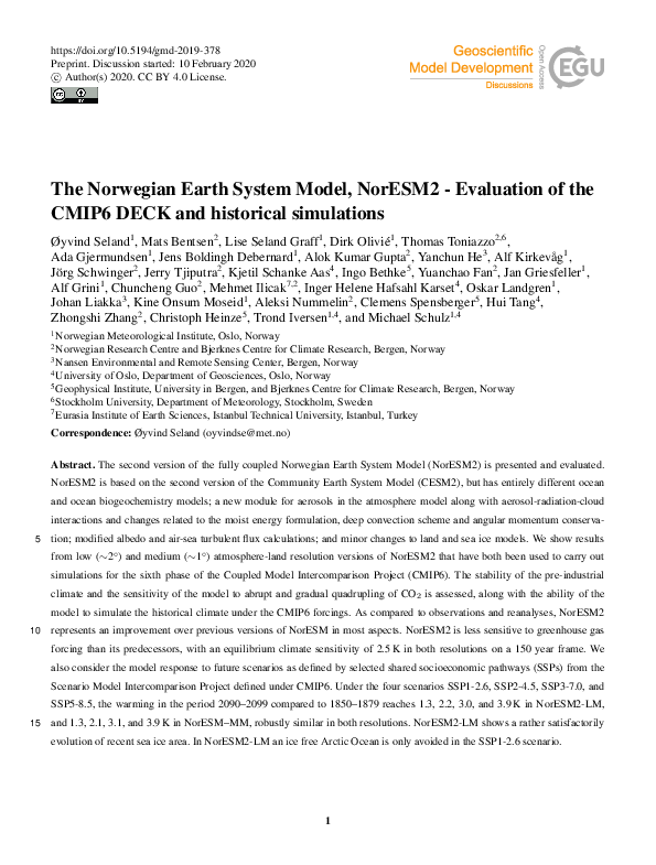(PDF) The Norwegian Earth System Model, NorESM2 – Evaluation of theCMIP6 DECK and historical ...