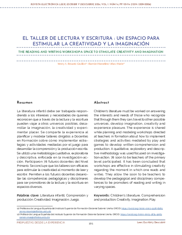 (PDF) EL TALLER DE LECTURA Y ESCRITURA : UN ESPACIO PARA ESTIMULAR LA ...