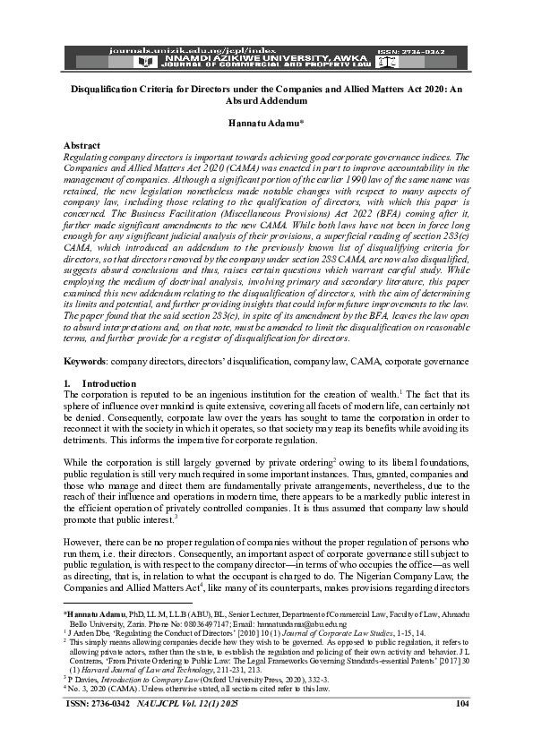 (PDF) Disqualification Criteria for Directors under the Companies and Allied Matters Act 2020 ...