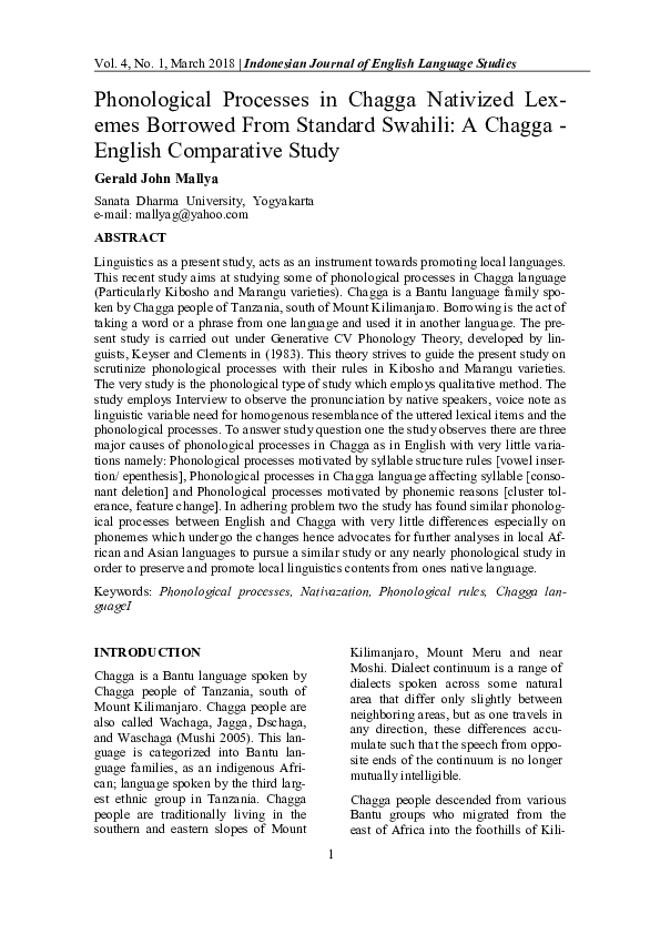 (PDF) Phonological Processes in Chagga Nativized Lex-emes Borrowed From ...
