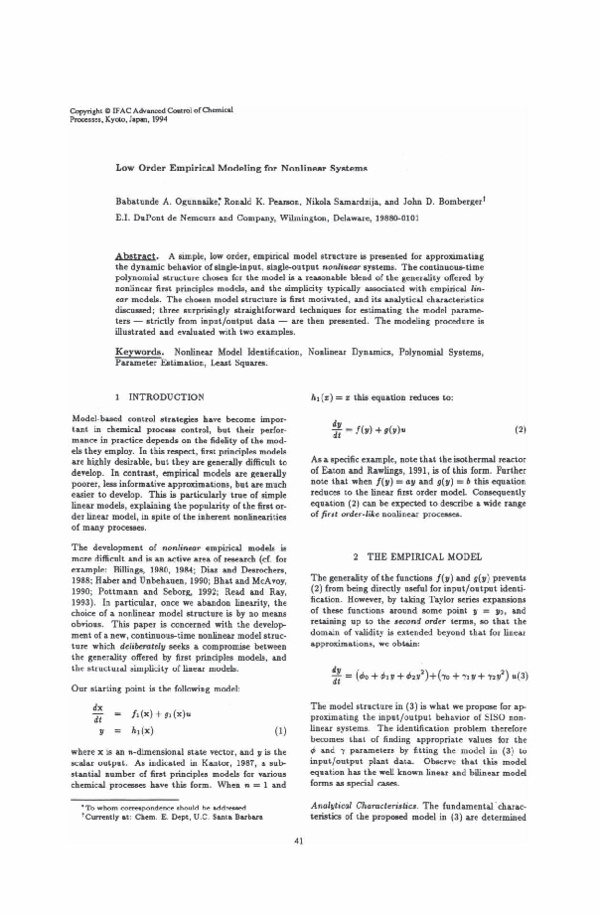 (PDF) Low Order Empirical Modeling for Nonlinear Systems