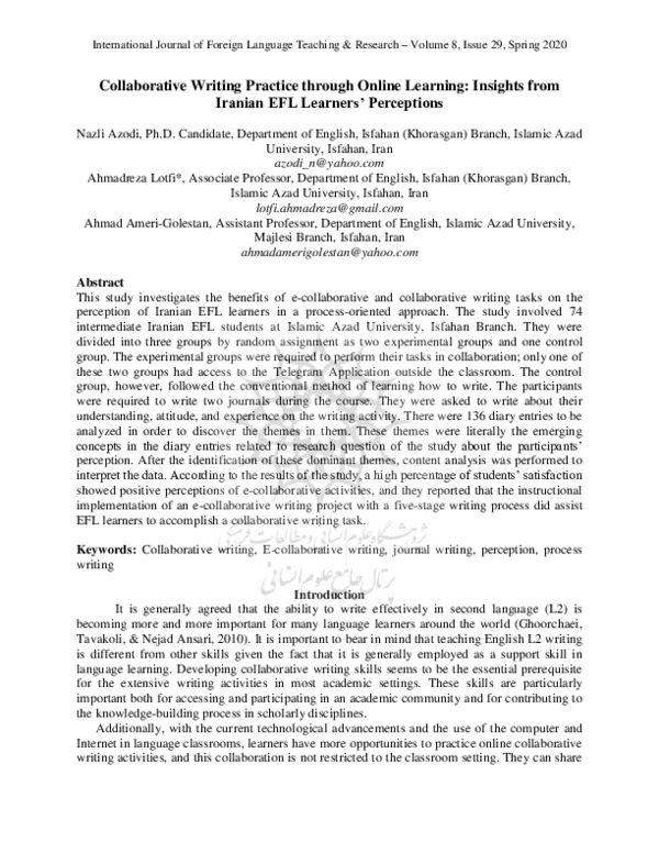 (PDF) Collaborative Writing Practice through Online Learning: Insights from Iranian EFL Learners ...
