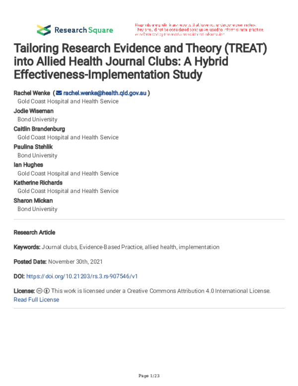 (PDF) Tailoring Research Evidence and Theory (TREAT) into Allied Health Journal Clubs: A Hybrid ...