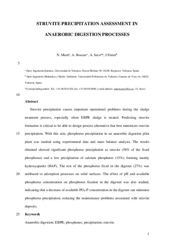 (PDF) Struvite precipitation assessment in anaerobic digestion processes