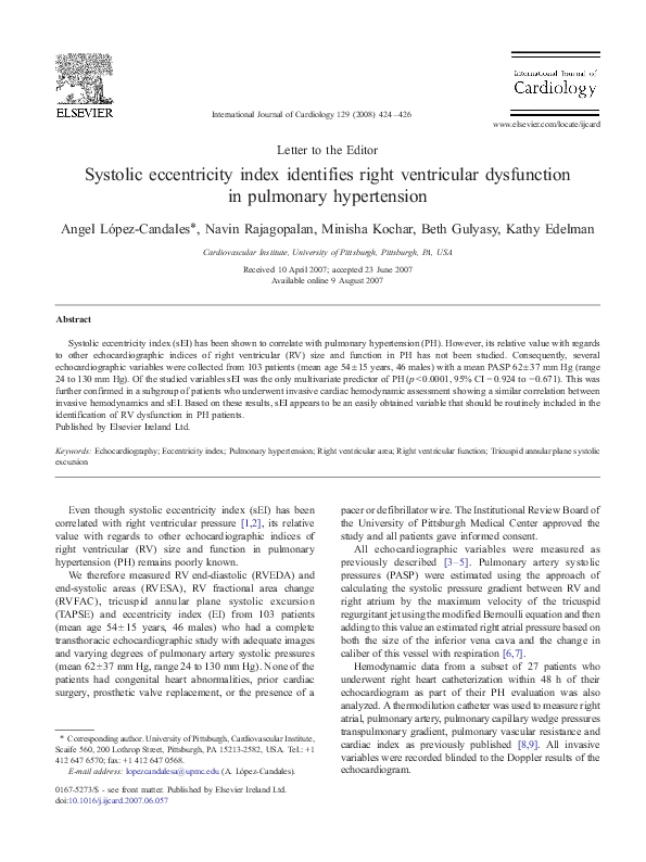 (PDF) Systolic eccentricity index identifies right ventricular ...