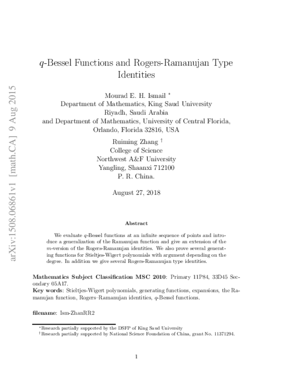 (PDF) $q$-Bessel Functions and Rogers-Ramanujan Type Identities