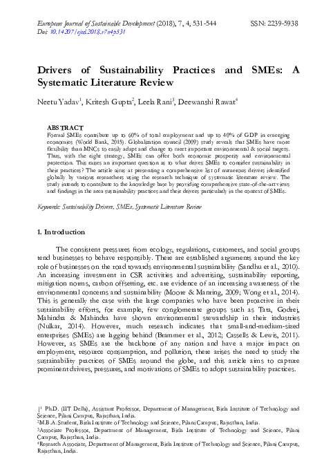 (PDF) Drivers of Sustainability Practices and SMEs: A Systematic Literature Review