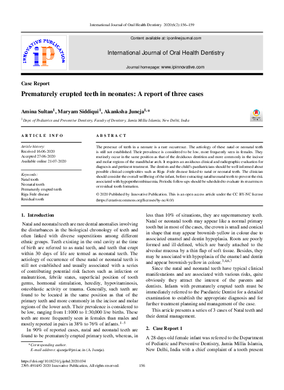 (PDF) Prematurely erupted teeth in neonates: A report of three cases
