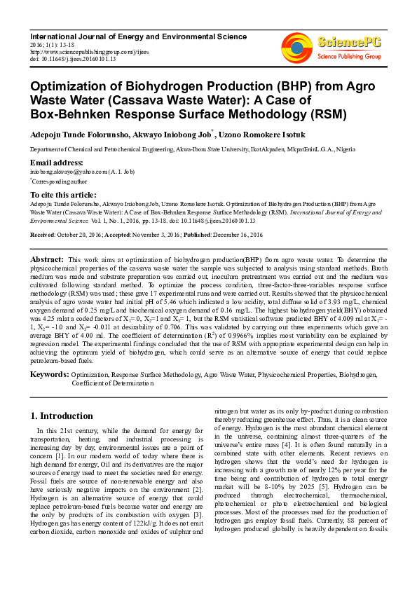(PDF) Optimization of Biohydrogen Production (BHP) from Agro Waste ...