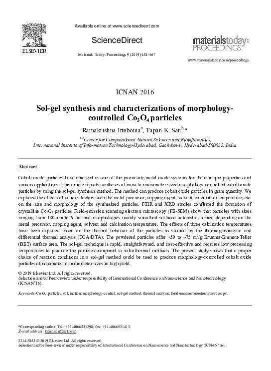(PDF) Sol-gel synthesis and characterizations of morphology-controlled Co3O4 particles