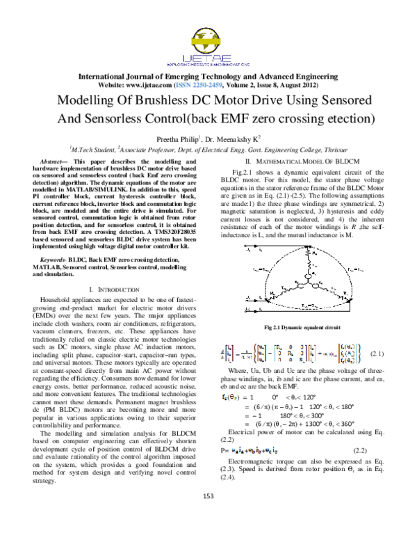 Pdf Modelling Of Brushless Dc Motor Drive Using Sensored And Sensorless Control Back Emf Zero