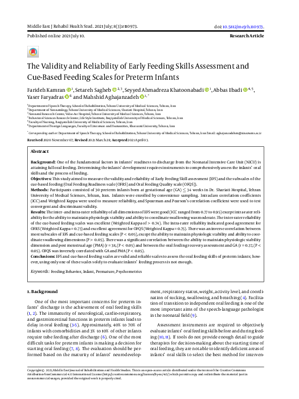 (PDF) The Validity and Reliability of Early Feeding Skills Assessment and Cue-Based Feeding ...