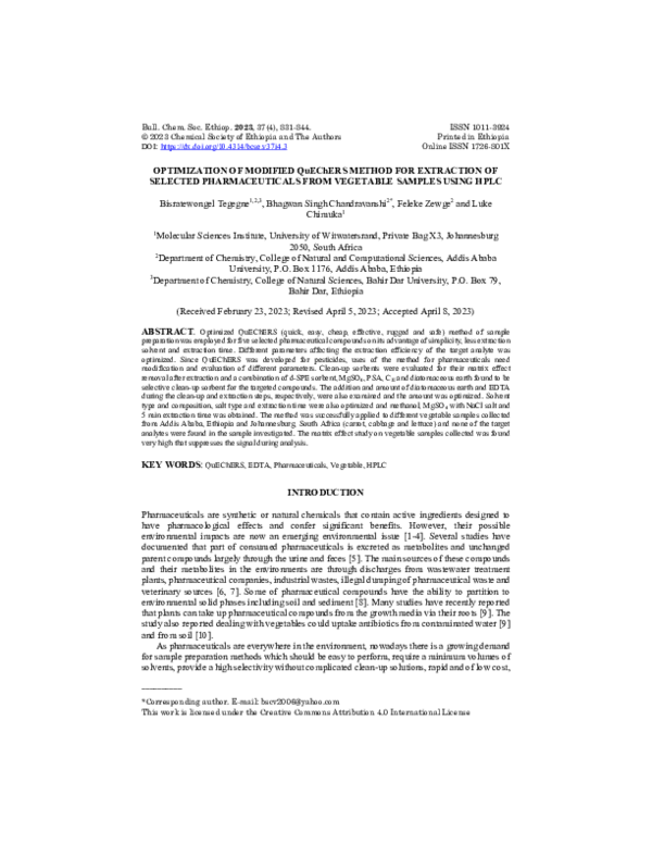 (PDF) Optimization of modified QuEChERS method for extraction of selected pharmaceuticals from ...