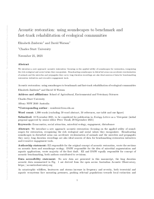 (PDF) Acoustic restoration: using soundscapes to benchmark and fast ...