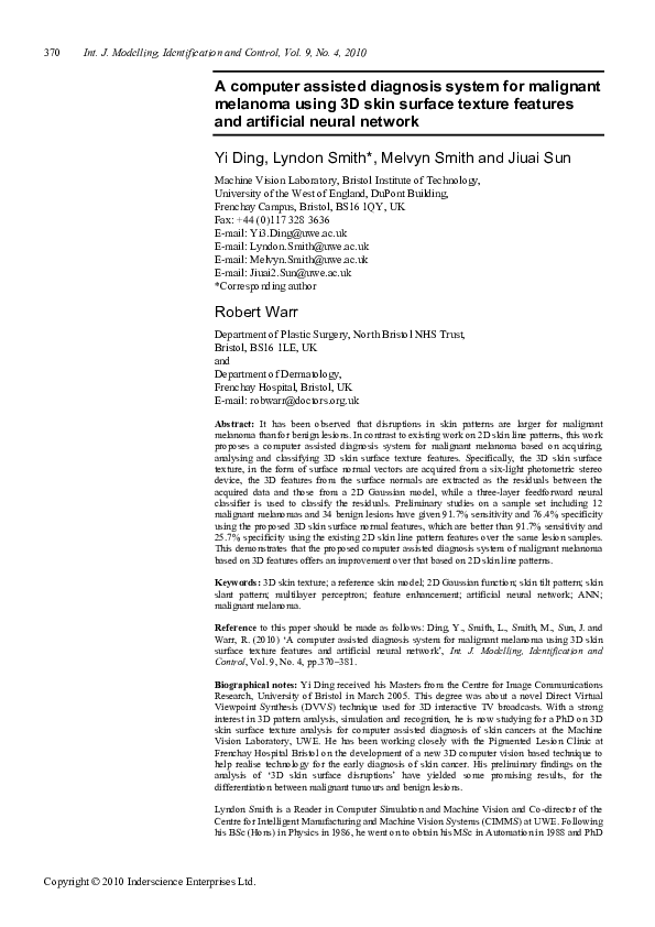 Pdf A Computer Assisted Diagnosis System For Malignant Melanoma Using 3d Skin Surface Texture
