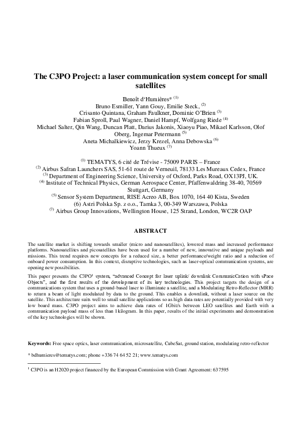 (PDF) The C3PO project: a laser communication system concept for small ...