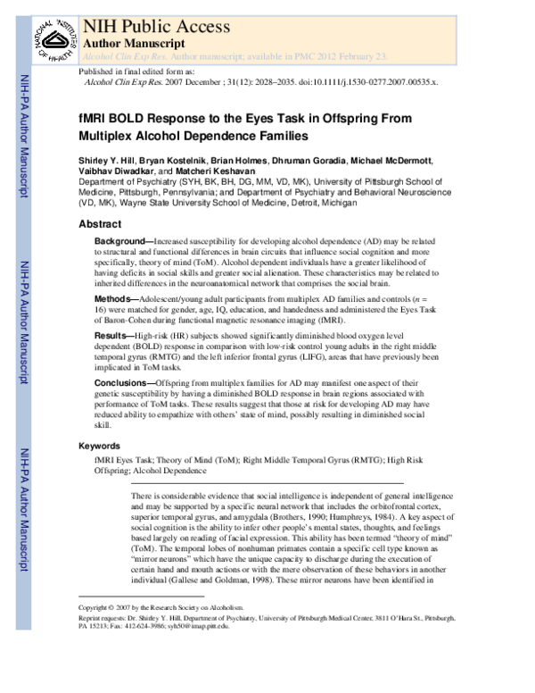 (PDF) fMRI BOLD Response to the Eyes Task in Offspring From Multiplex ...