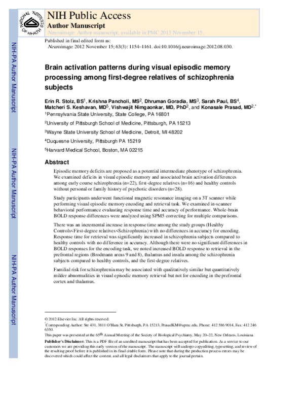 (PDF) Brain activation patterns during visual episodic memory processing among first-degree ...