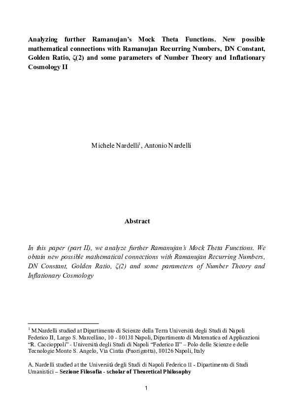 (PDF) Analyzing further Ramanujan's Mock Theta Functions. New possible mathematical connections ...