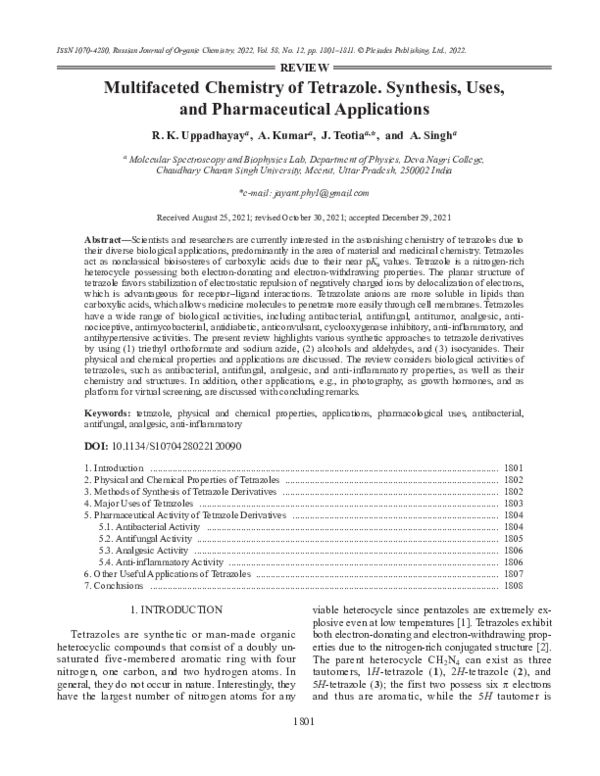 (PDF) Multifaceted Chemistry of Tetrazole. Synthesis, Uses, and Pharmaceutical Applications