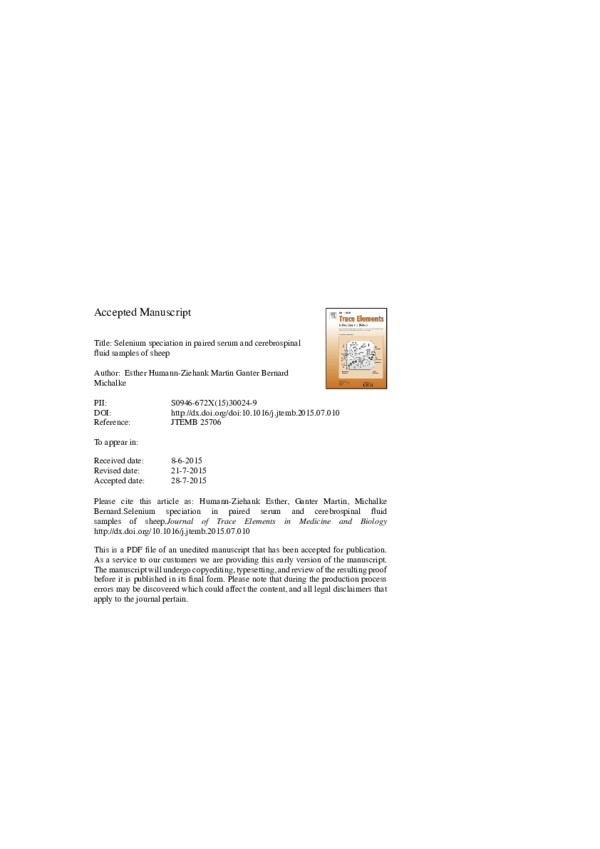 Pdf Selenium Speciation In Paired Serum And Cerebrospinal Fluid Samples Of Sheep