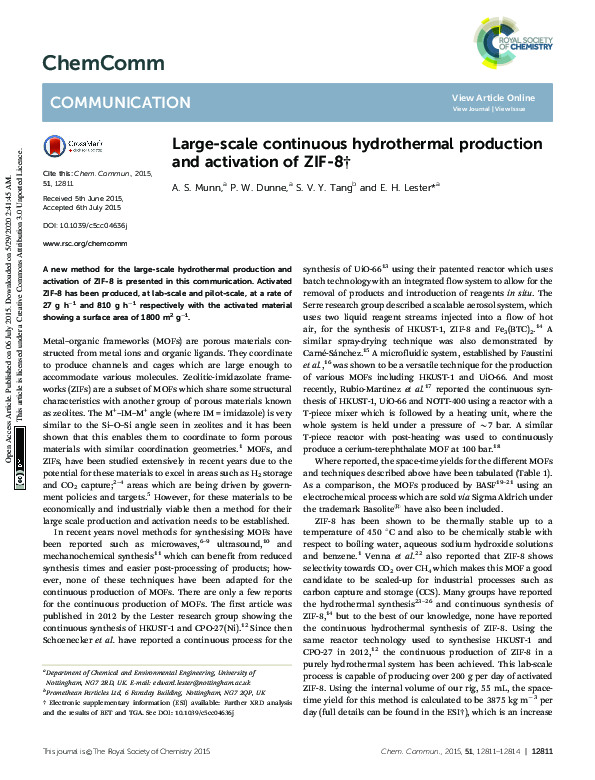 (PDF) Large-scale continuous hydrothermal production and activation of ZIF-8