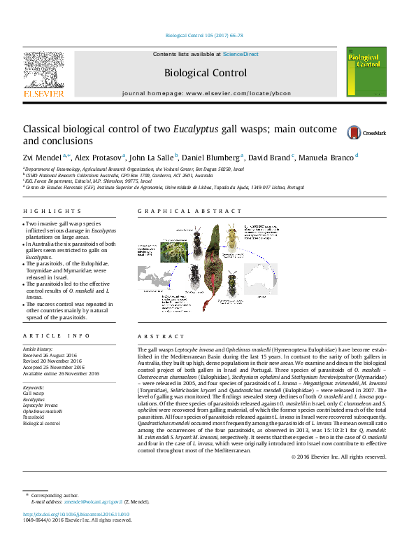 (PDF) Classical biological control of two Eucalyptus gall wasps; main ...