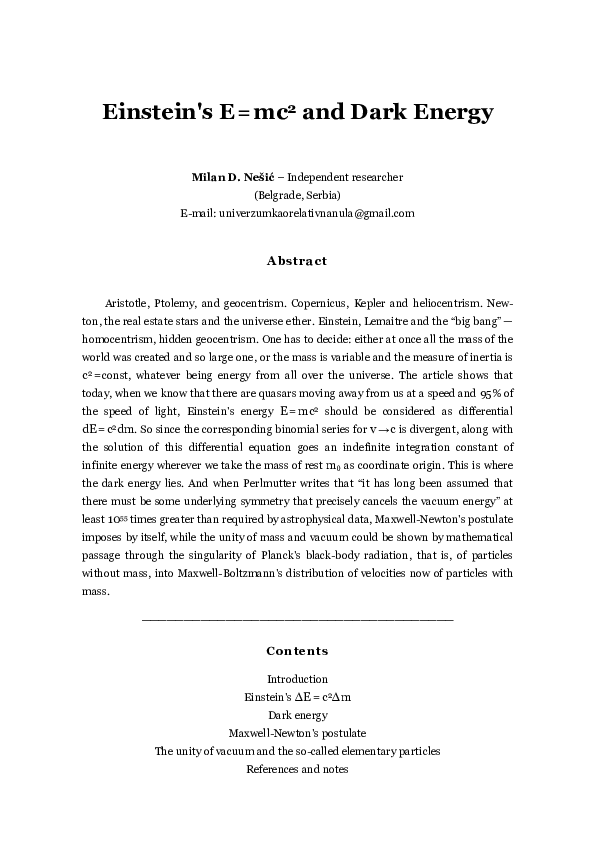 (PDF) Einstein's E=mc2 and Dark Energy