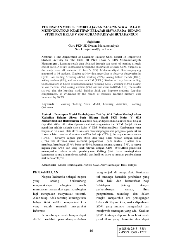 (PDF) Penerapan Model Pembelajaran Talking Stick Dalam Meningkatkan Keaktifan Belajar Siswa Pada ...