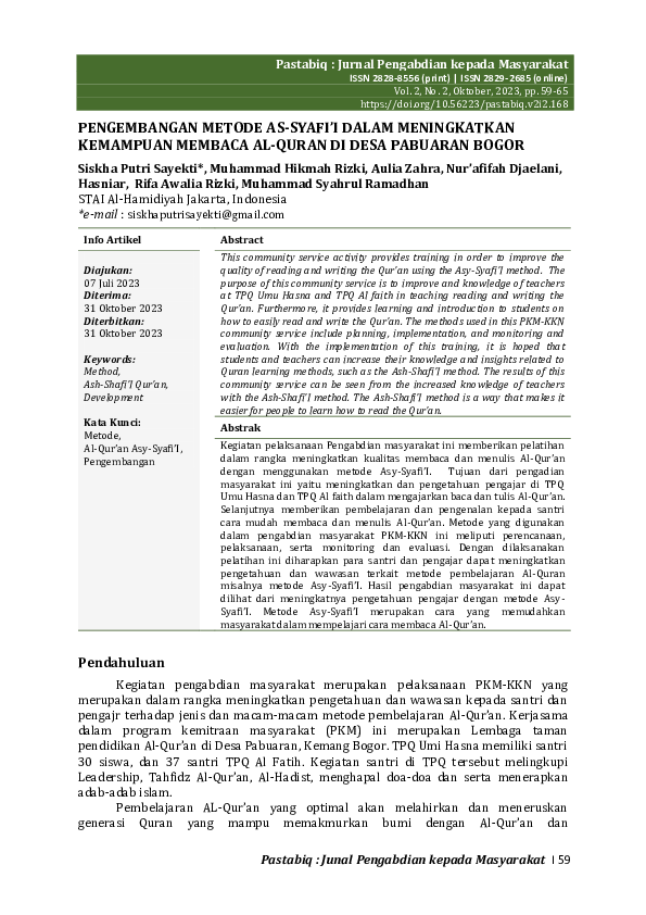 (PDF) Pengembangan Metode As-Syafi’I Dalam Meningkatkan Kemampuan Membaca Al-Quran DI Desa ...