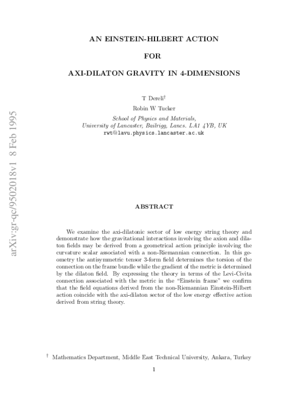 (PDF) An Einstein-Hilbert action for axi-dilaton gravity in four dimensions
