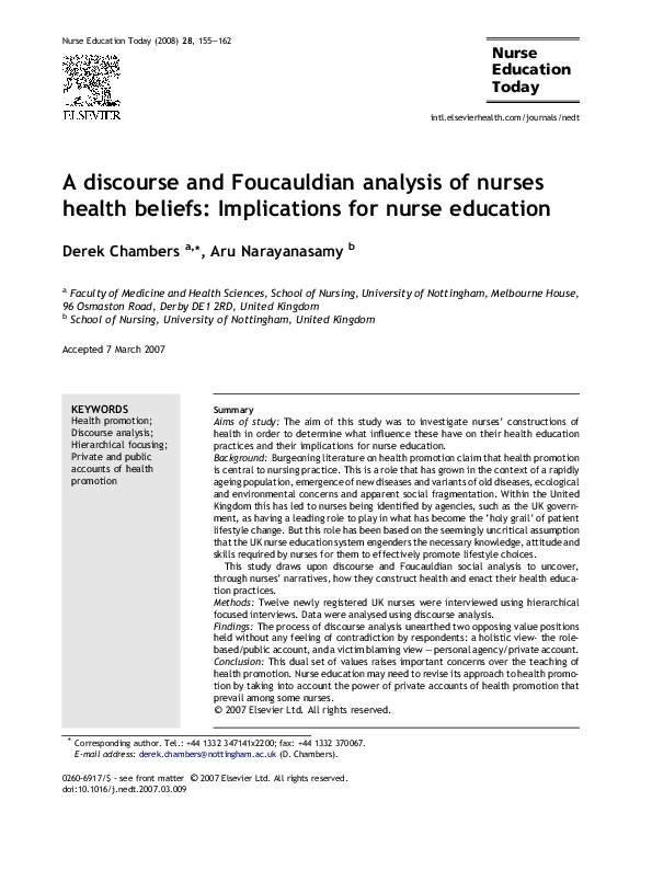 (PDF) A discourse and Foucauldian analysis of nurses health beliefs ...