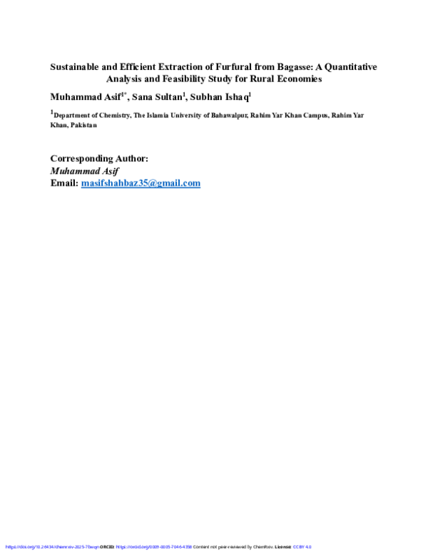 (PDF) Sustainable and Efficient Extraction of Furfural from Bagasse: A Quantitative Analysis and ...