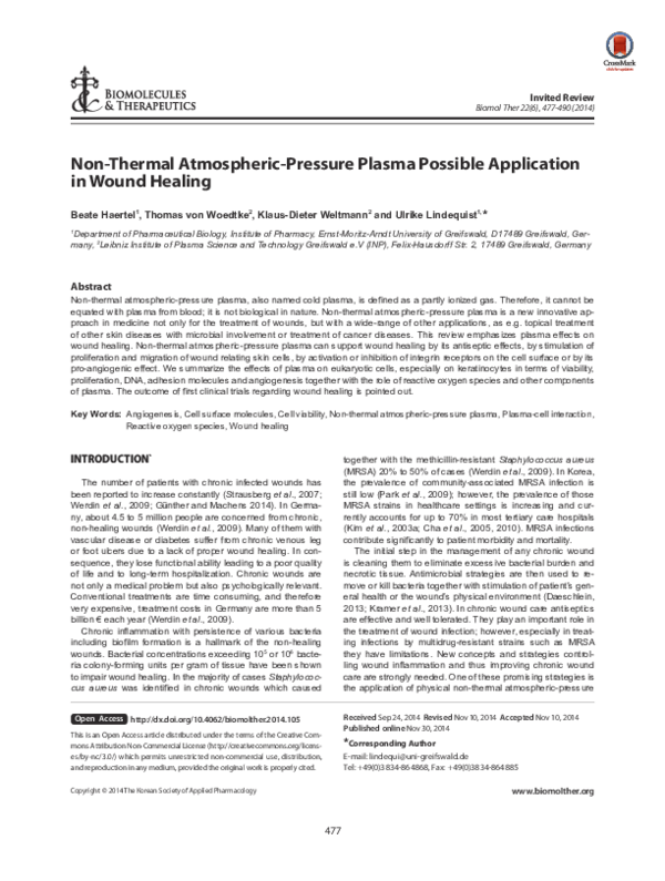 (PDF) Non-Thermal Atmospheric-Pressure Plasma Possible Application in Wound Healing
