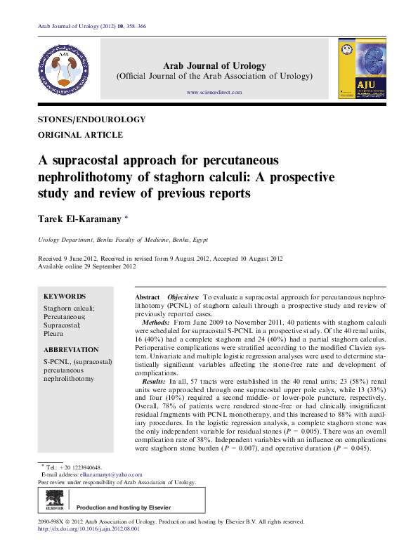 (PDF) A supracostal approach for percutaneous nephrolithotomy of ...