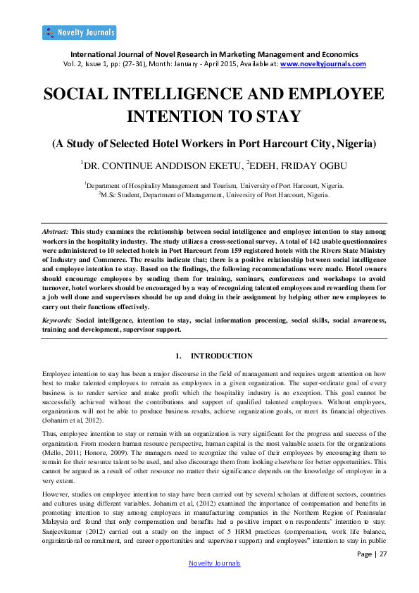 (PDF) Social Intelligence and Employee Intention to Stay