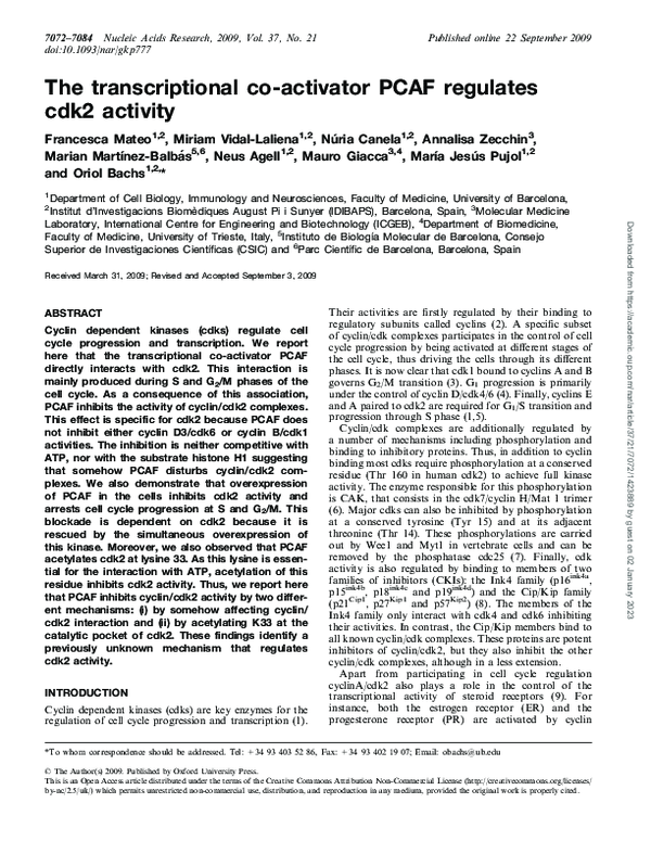 (PDF) The transcriptional co-activator PCAF regulates cdk2 activity