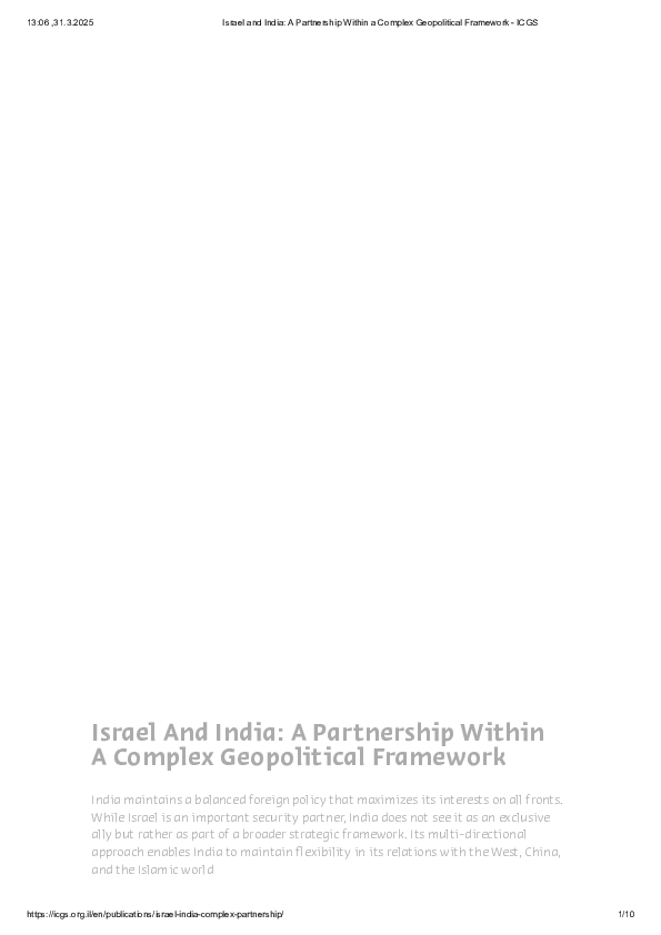 (PDF) Israel And India: A Partnership Within A Complex Geopolitical Framework