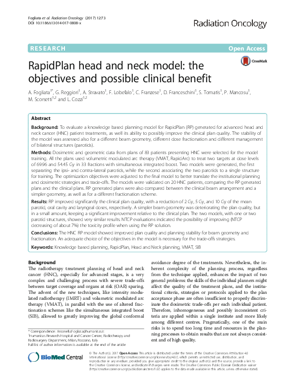 (PDF) RapidPlan head and neck model: the objectives and possible clinical benefit