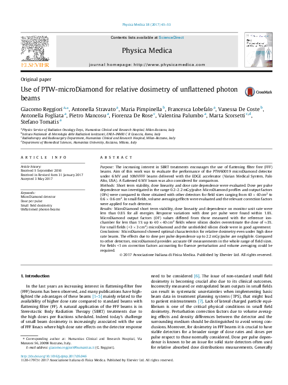 (PDF) Use of PTW-microDiamond for relative dosimetry of unflattened ...