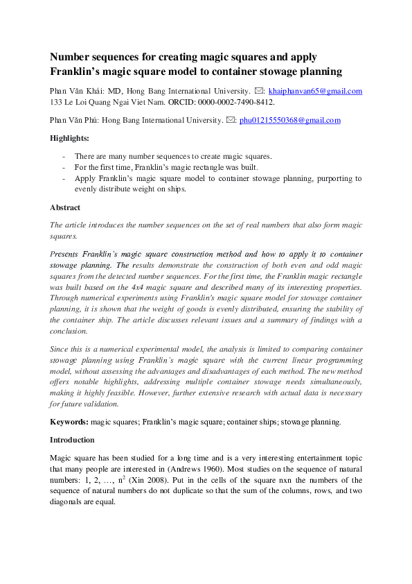 (PDF) Number sequences for creating magic squares and apply Franklin's ...